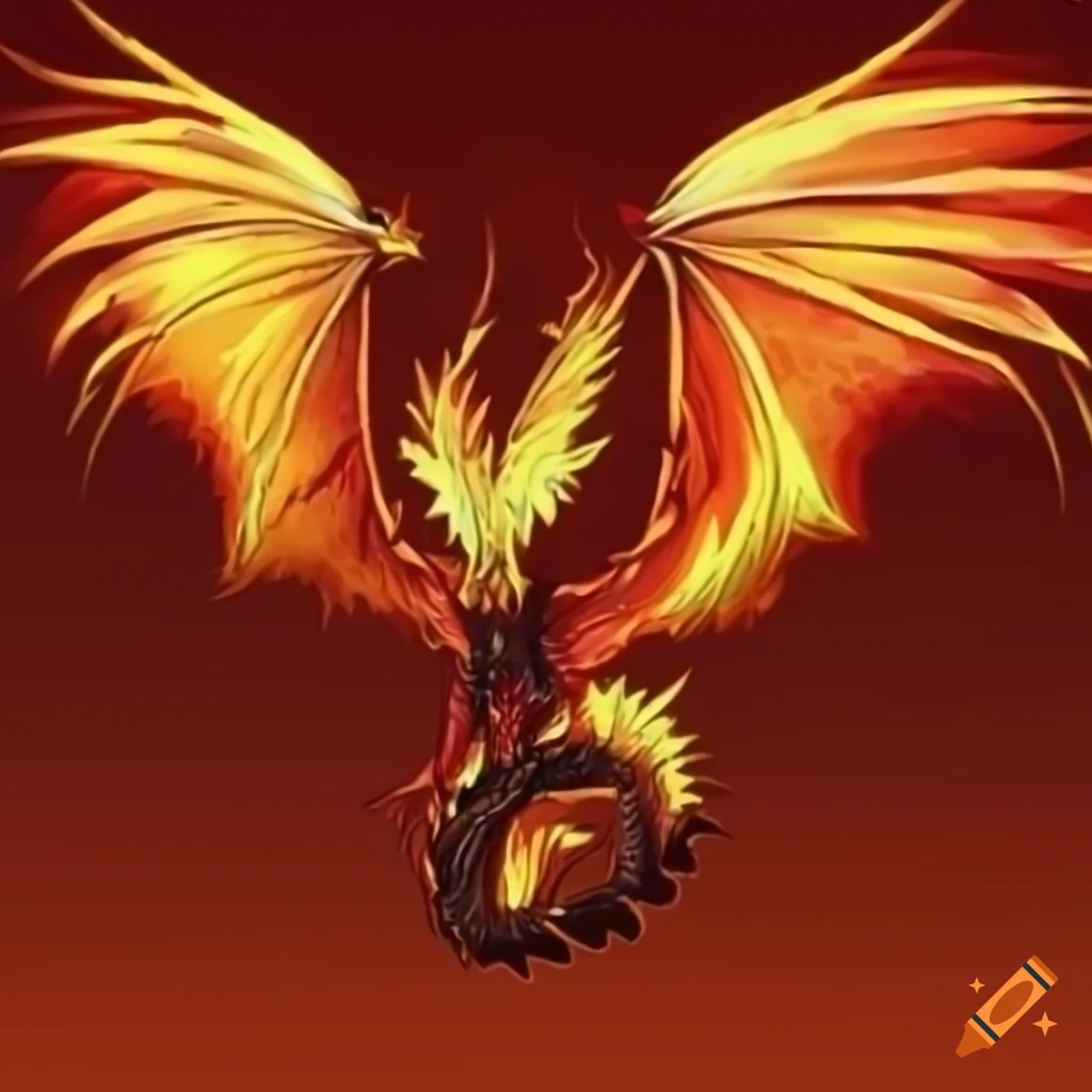Detailed drawing of a feathered fire dragon with golden stripes on Craiyon