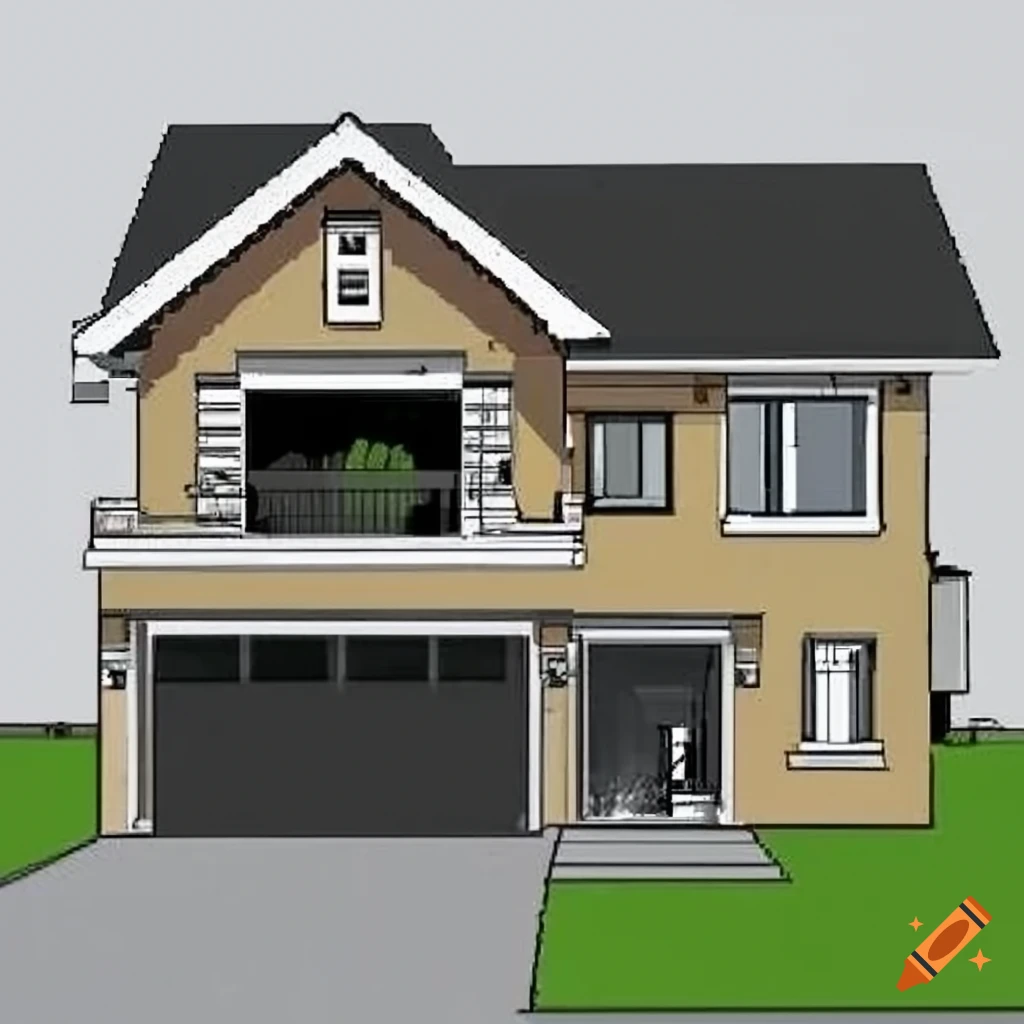 Two-storey house with integrated garage and attic design on Craiyon