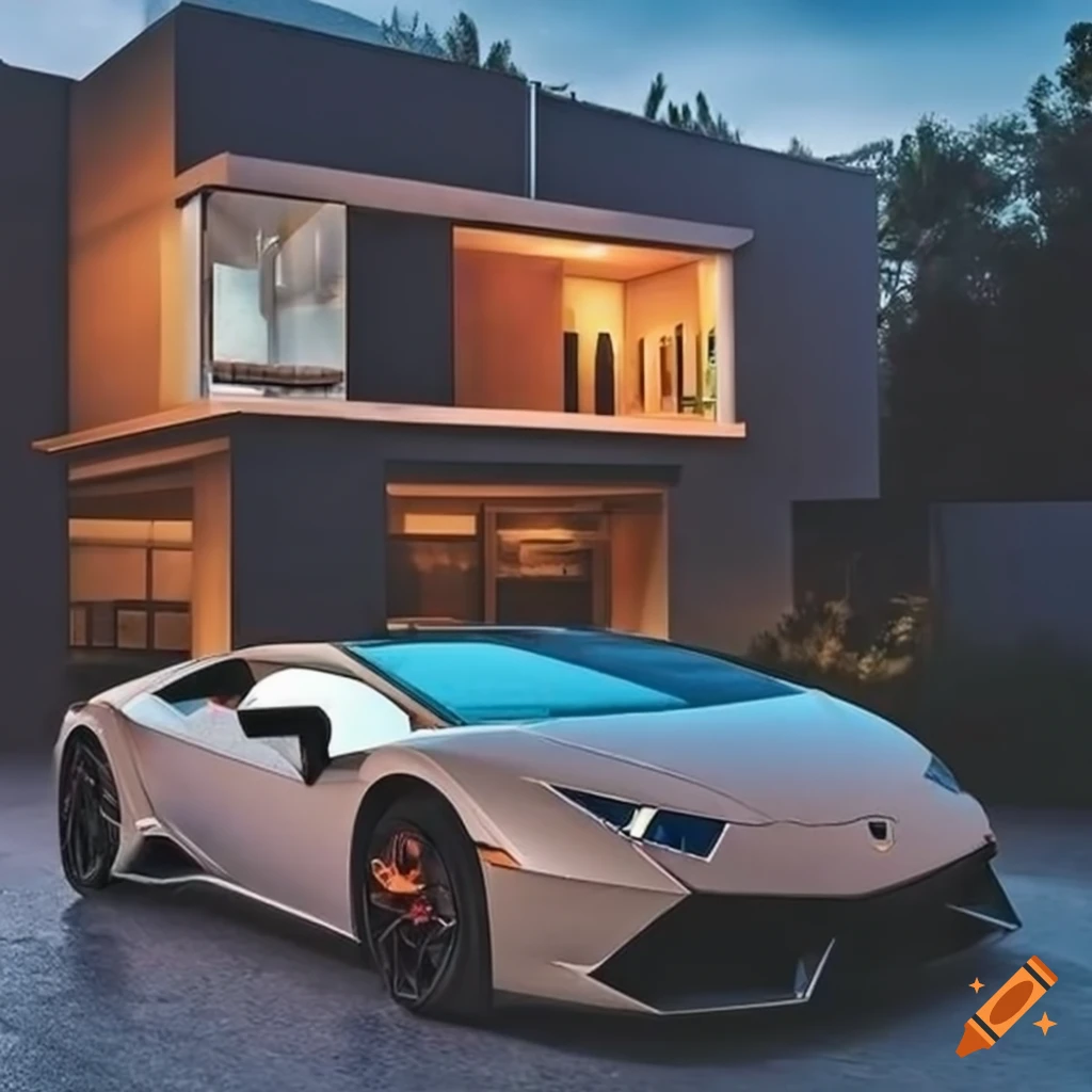Modern house with lamborghini huracan in the driveway on Craiyon