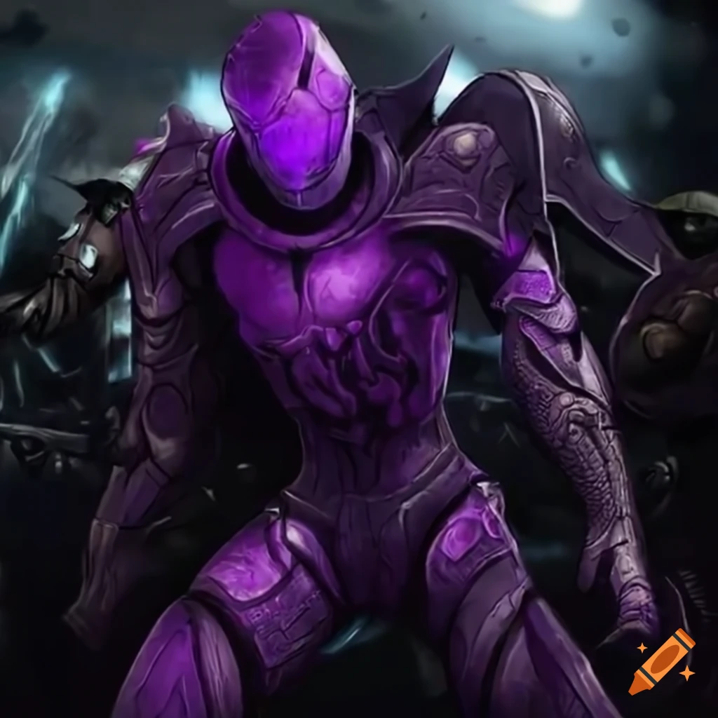 Warrior in purple armor battling futuristic alien invasion on Craiyon