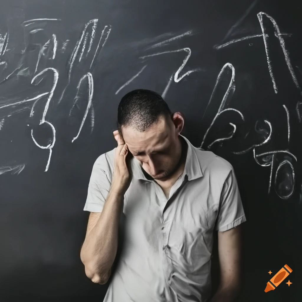 Tired man aged 35 writing on a large chalkboard on Craiyon