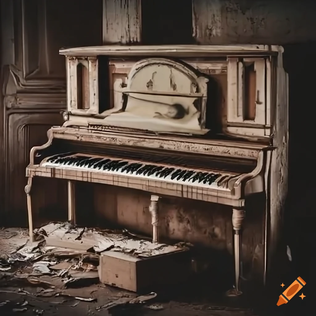 Abandoned dusty piano with ivory keys in a decaying mansion on Craiyon