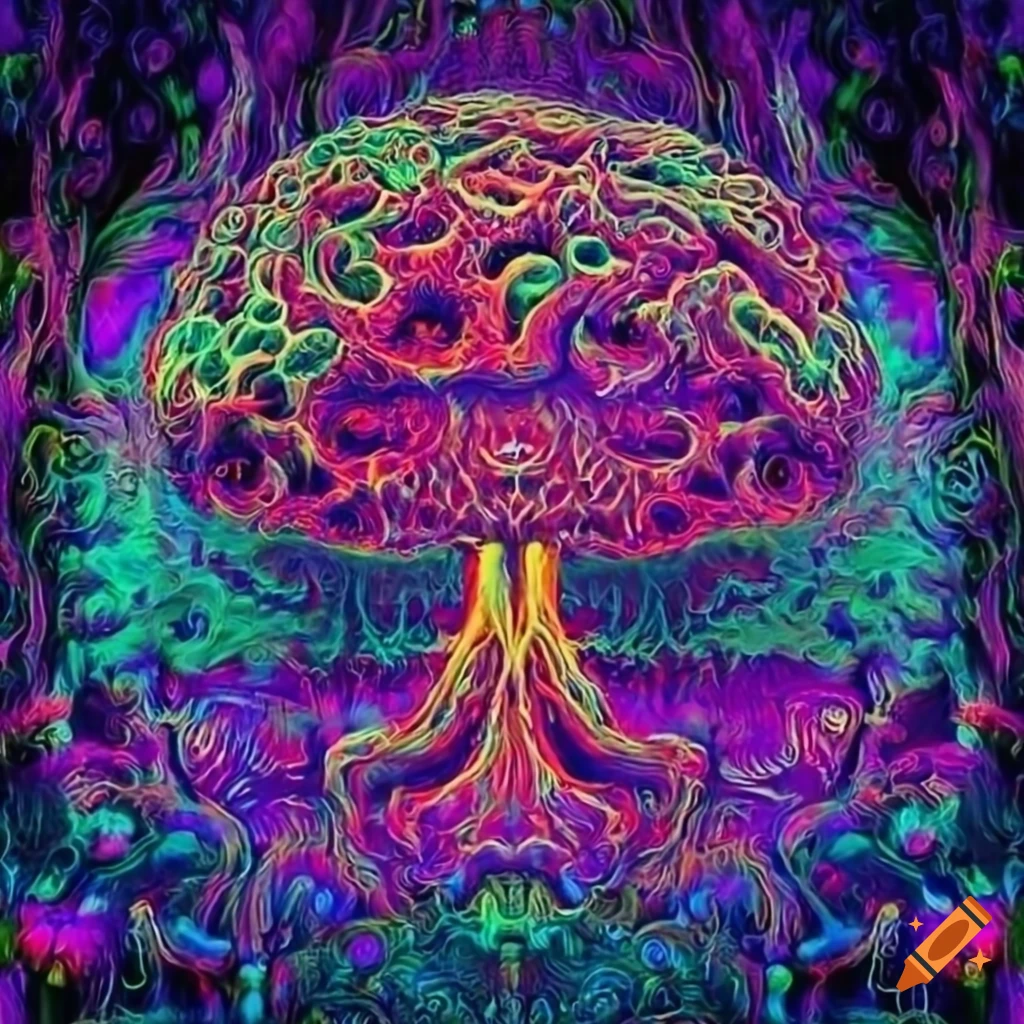 Psychedelic poster featuring magic mushrooms and alien motifs on Craiyon