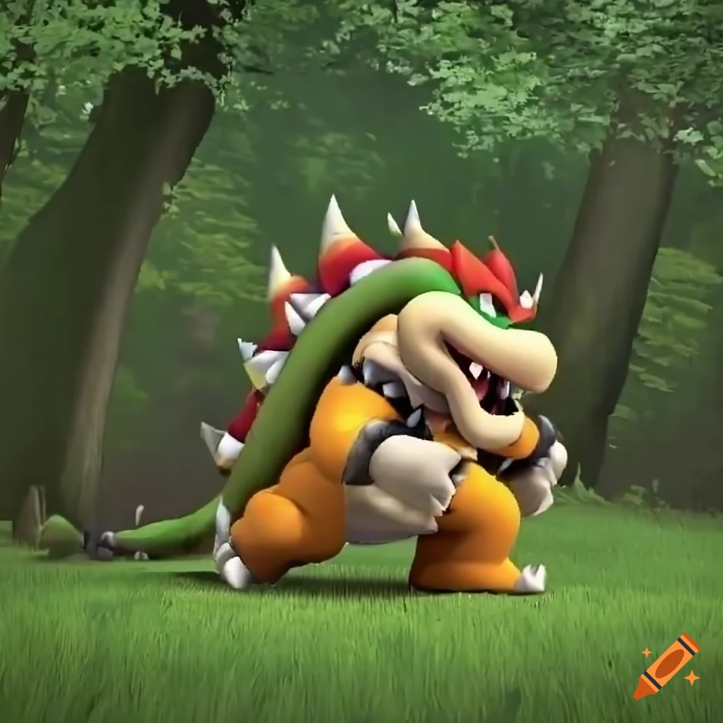 Cgi bowser walking in a lush forest on Craiyon