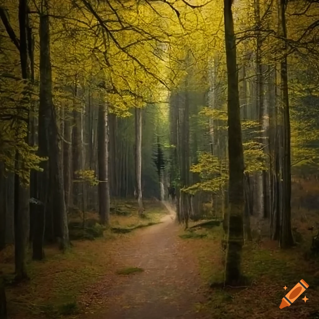 Realistic mixed forest, panoramic view into the woods on Craiyon