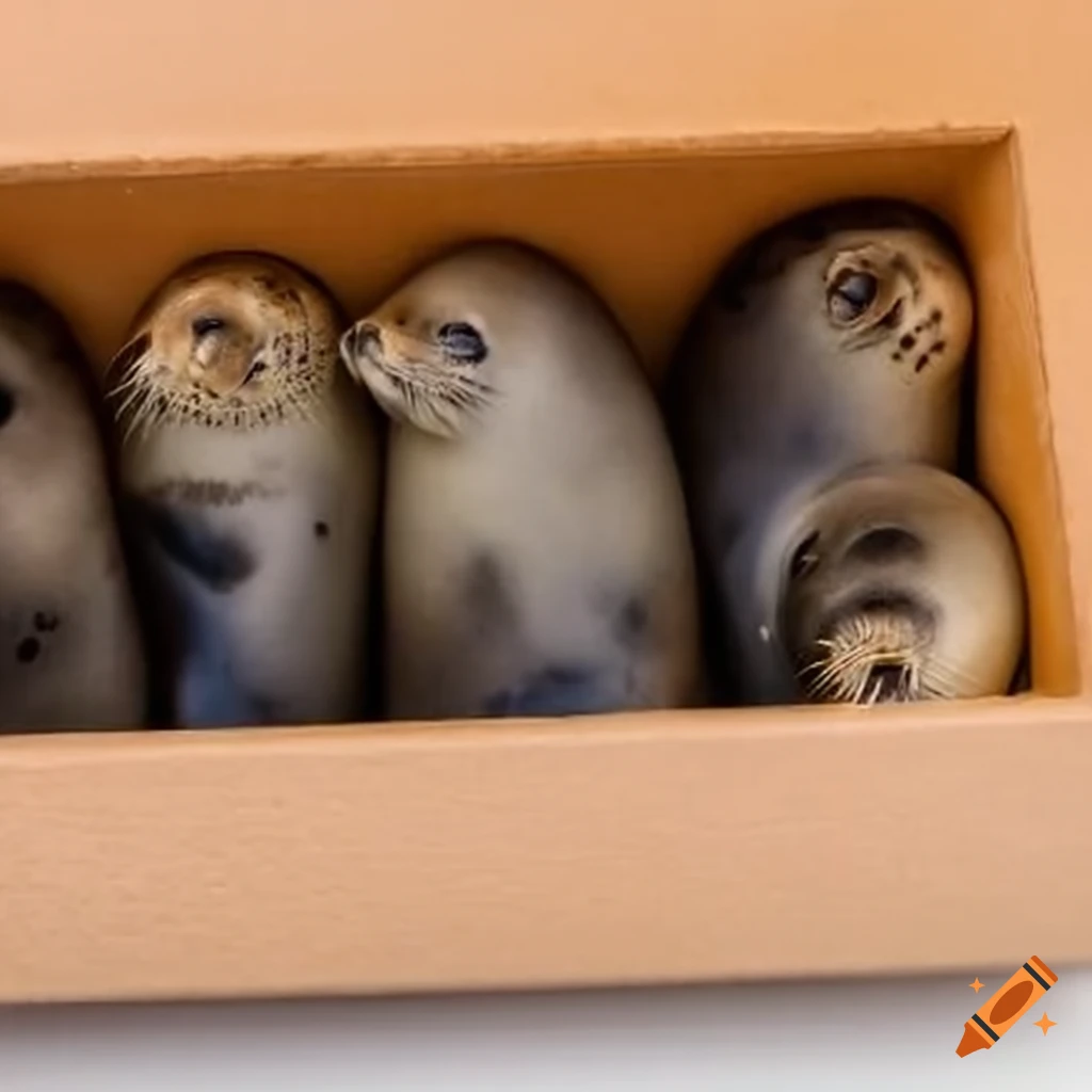 Group of seals in a box on Craiyon