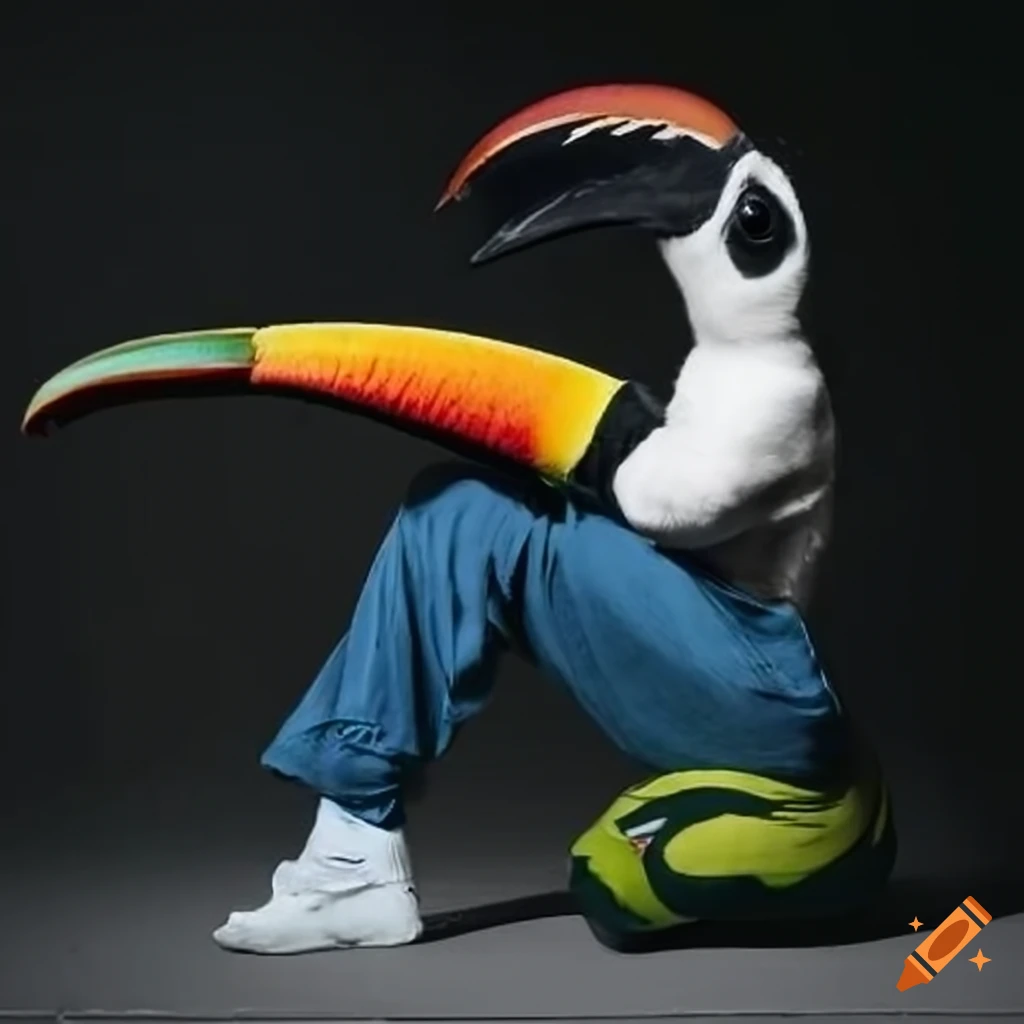 Anthropomorphic toucan in a squatting position on Craiyon