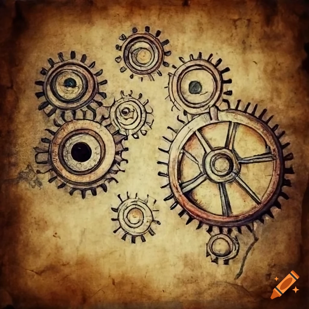 Drawing of gears on old paper on Craiyon