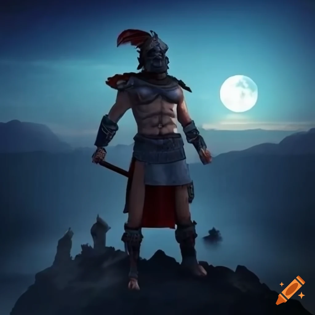 Ancient gladiator on a volcanic mountain under the moonlight on Craiyon