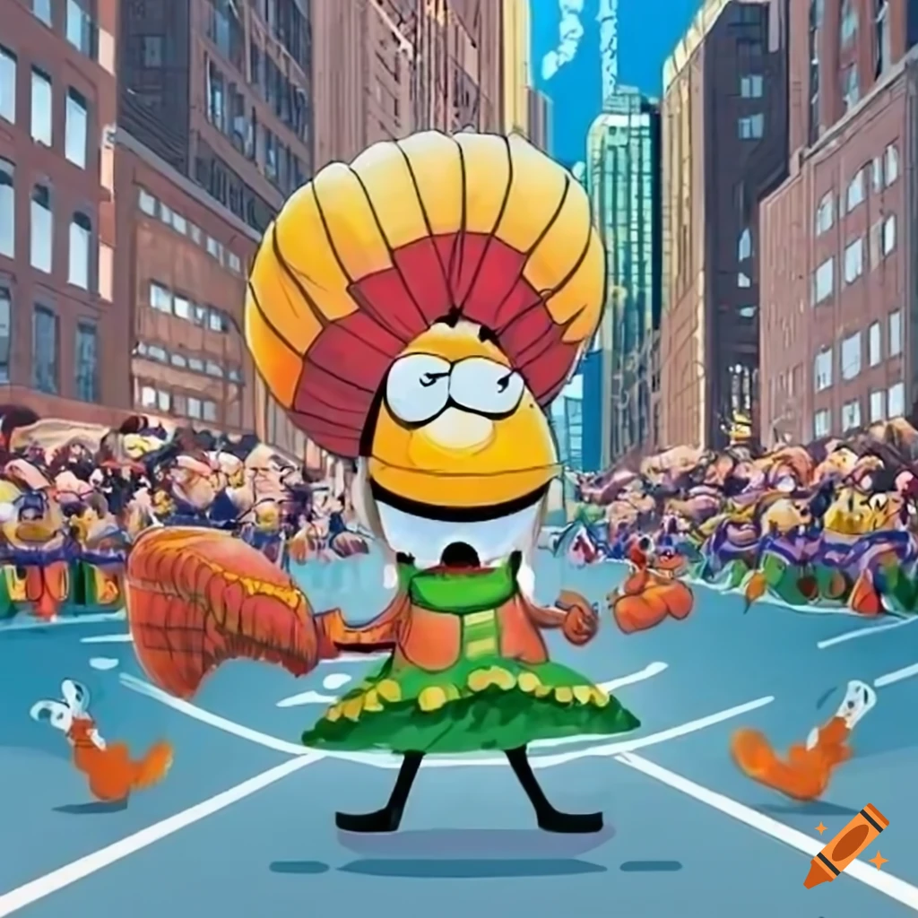 Colorful cartoon illustration of macy's thanksgiving day parade on Craiyon