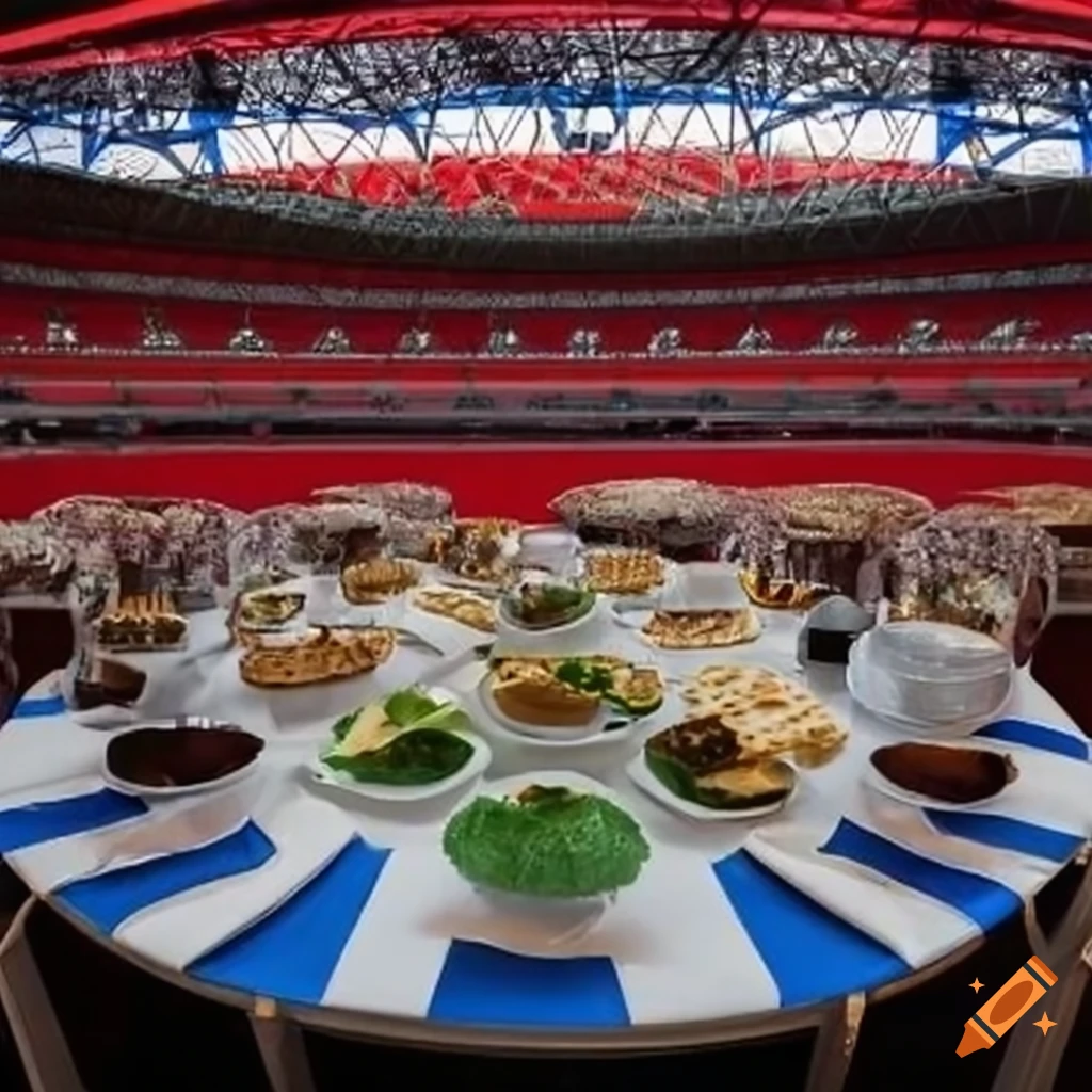 Passover Seder ceremony with Israeli flags at Wembley Stadium on Craiyon