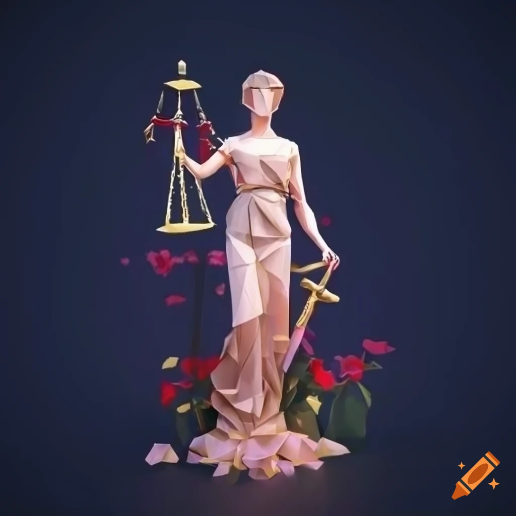 Low poly 3D artwork of goddess Themis in a vibrant flower garden on Craiyon