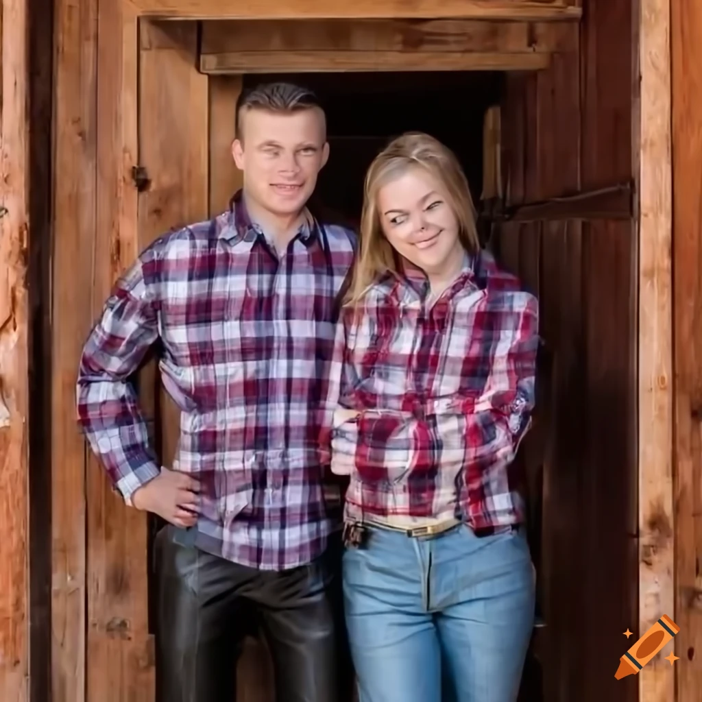 English couple hugging under a barn door in rural setting on Craiyon