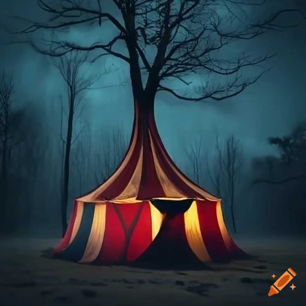 Creepy circus tent between twisting trees at dusk on Craiyon