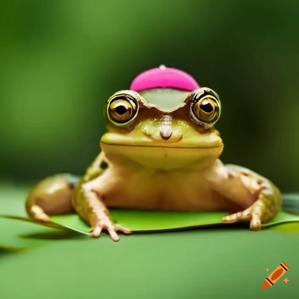 Frog hopping off a lily pad with a cute hat on Craiyon