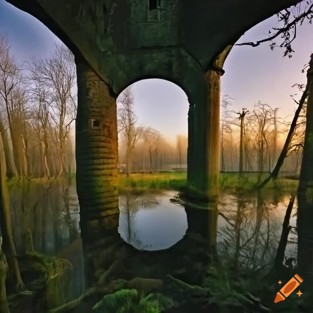 View from inside a ruined round tower in a swamp at dawn on Craiyon