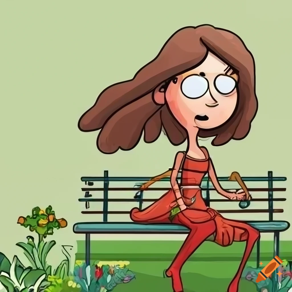 Colorful cartoon of a woman sitting on a bench in a botanical garden on ...