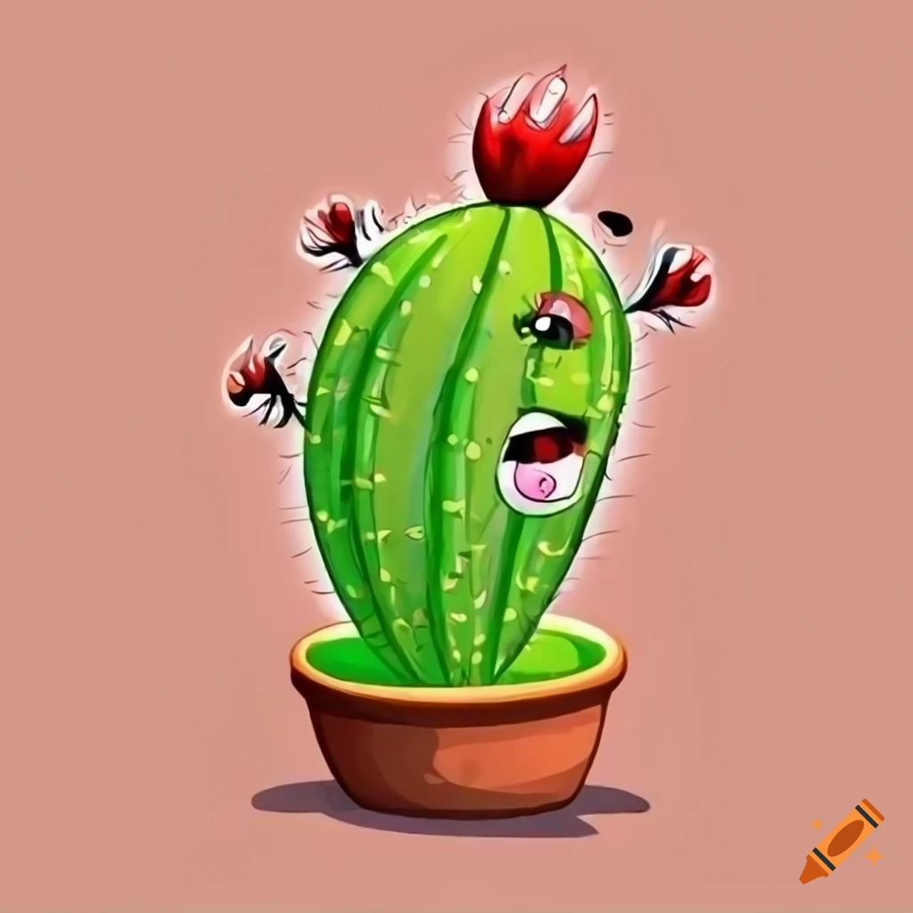 Funny cartoon cacti with exaggerated expressions and angry faces on Craiyon
