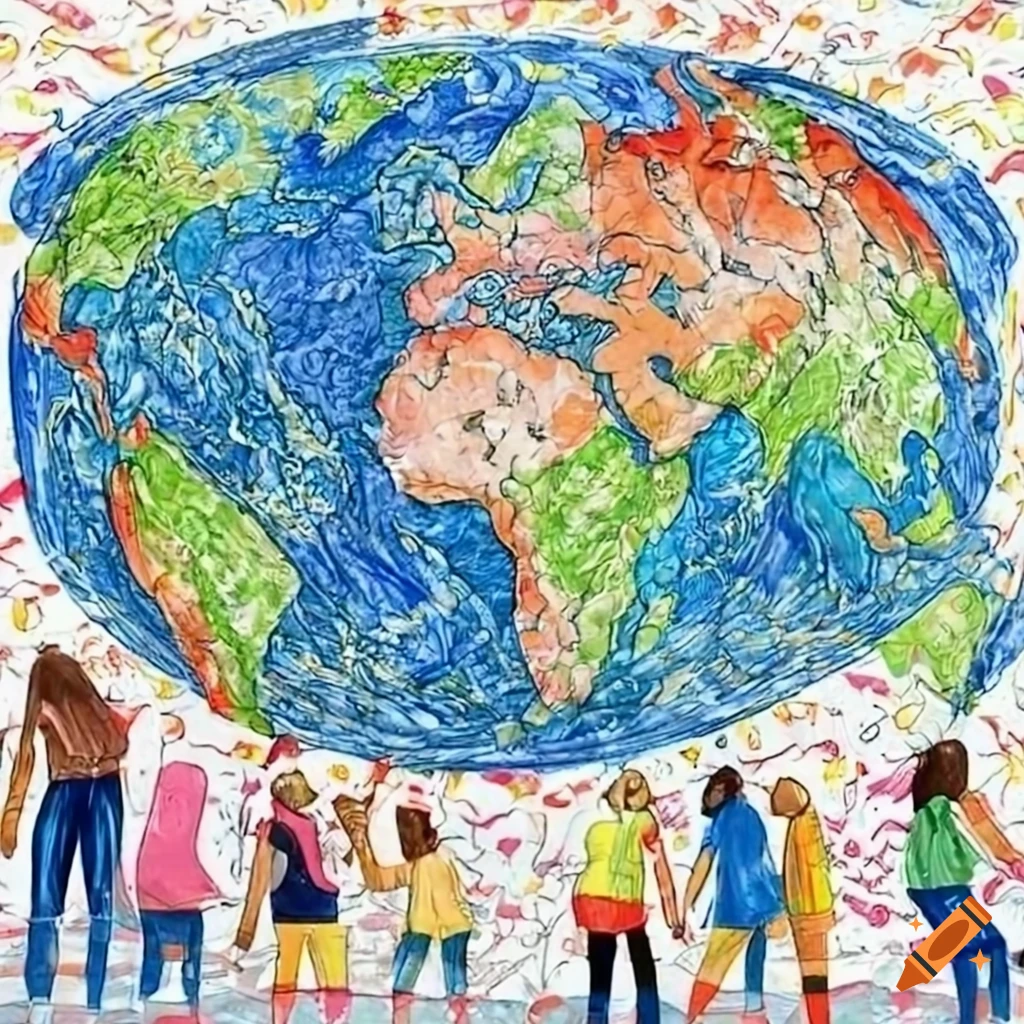 Mural of earth with people united in helping each other on Craiyon