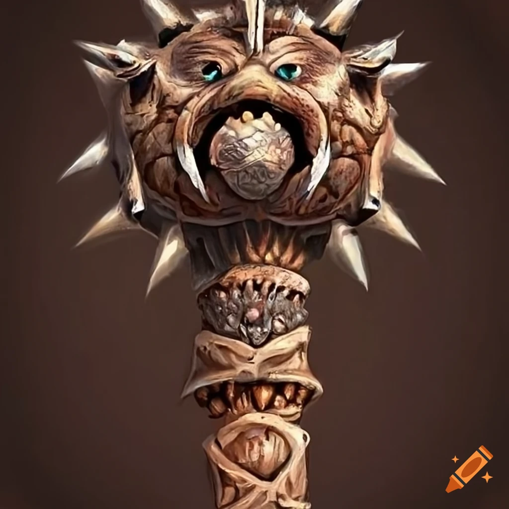 Distinctive ancient mace with carved feline or bear teeth on Craiyon