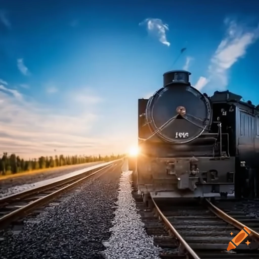 A side view of a locomotive in motion with a blue sky and sun on Craiyon