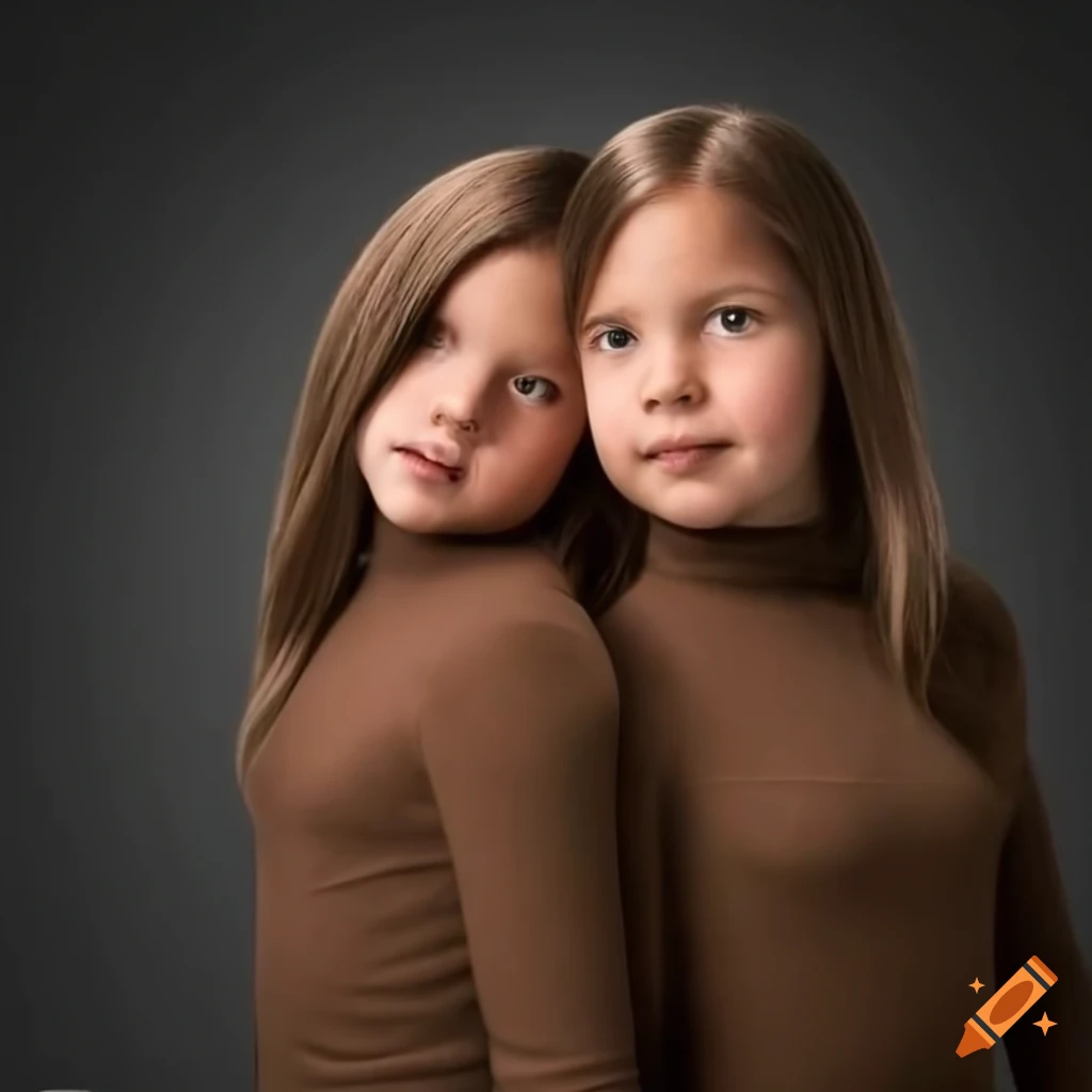 Two cute tween twin sisters in brown turtlenecks looking at the camera ...