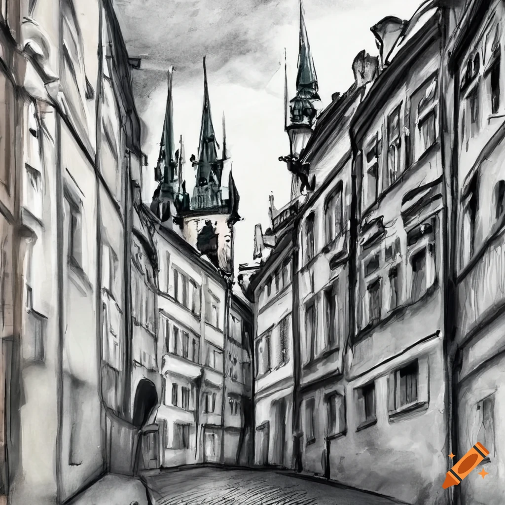 Pencil drawing of a narrow street in old town prague on Craiyon