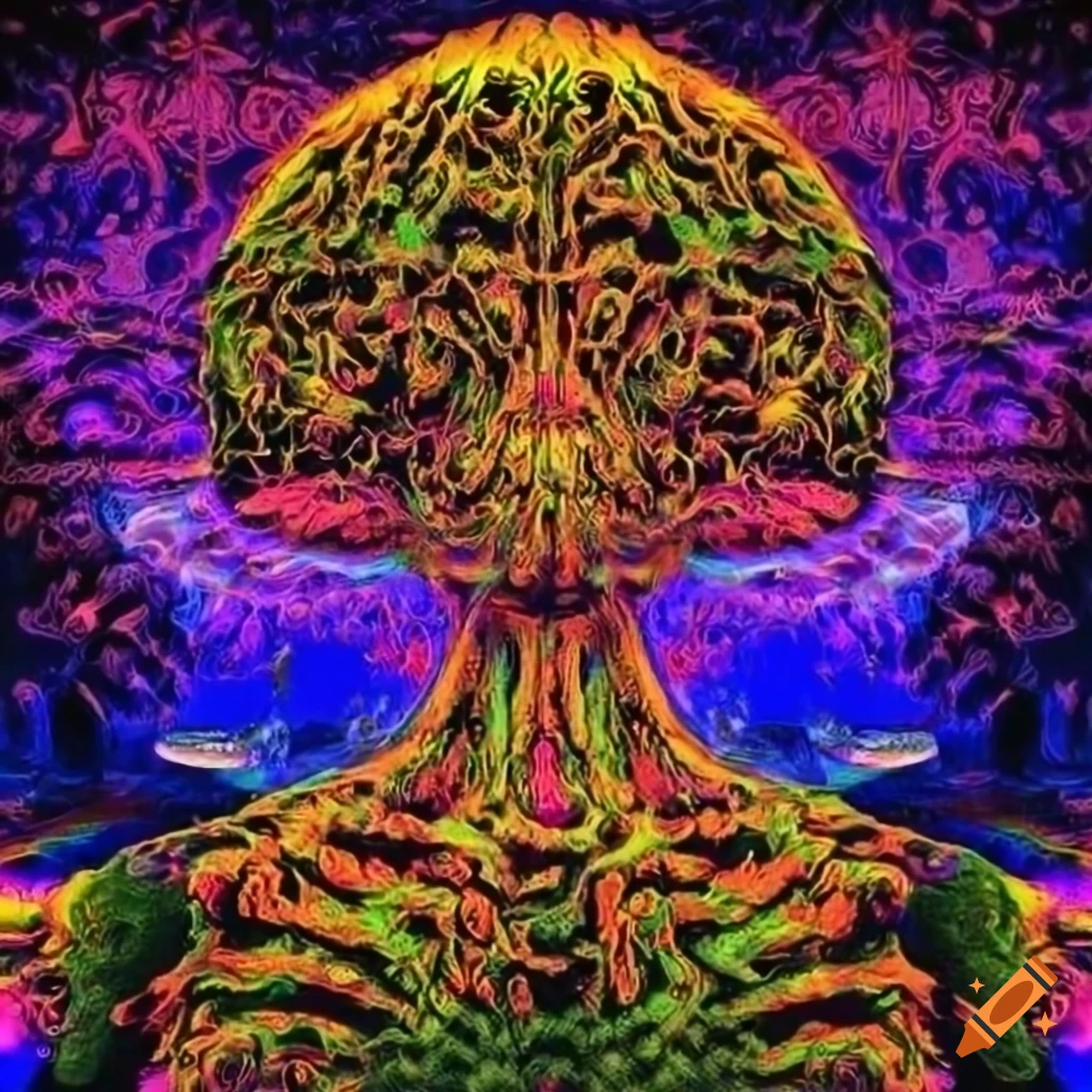 Psychedelic tree with eyes in a 60s-inspired poster design on Craiyon