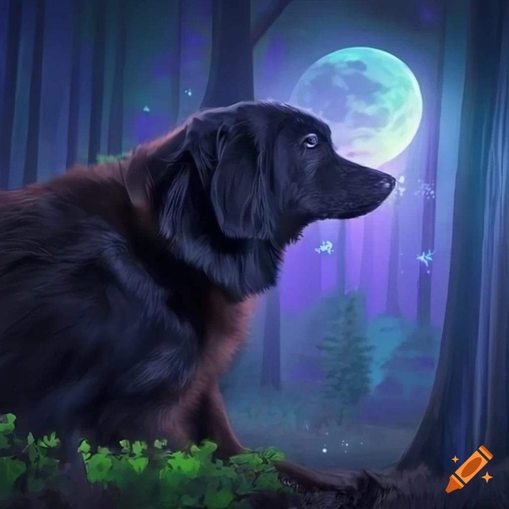 Majestic Black Labrador in enchanted forest under moonlight on Craiyon