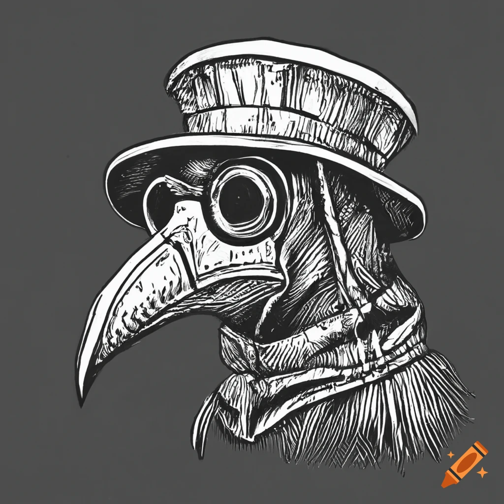 Pen drawing of a plague doctor in black and white on Craiyon