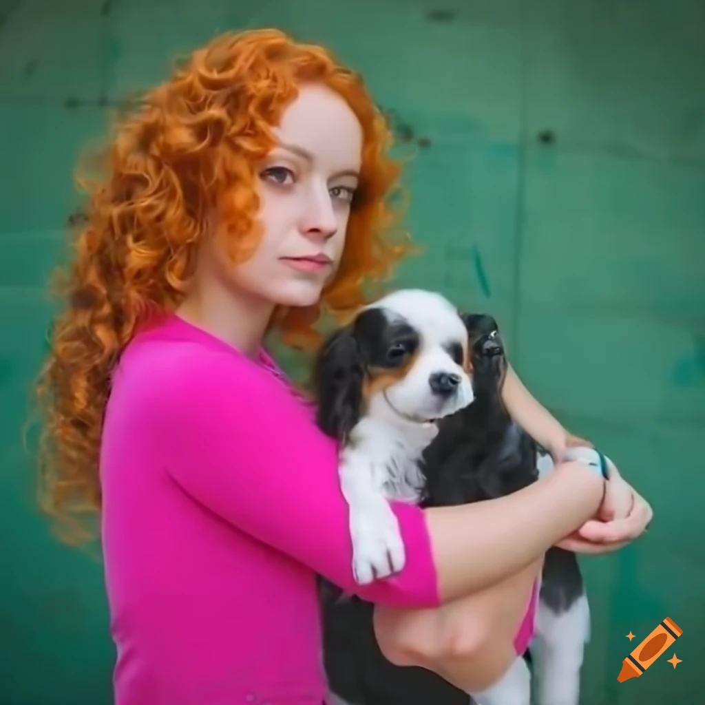 Beautiful catalan woman with red curly hair holding a puppy on Craiyon