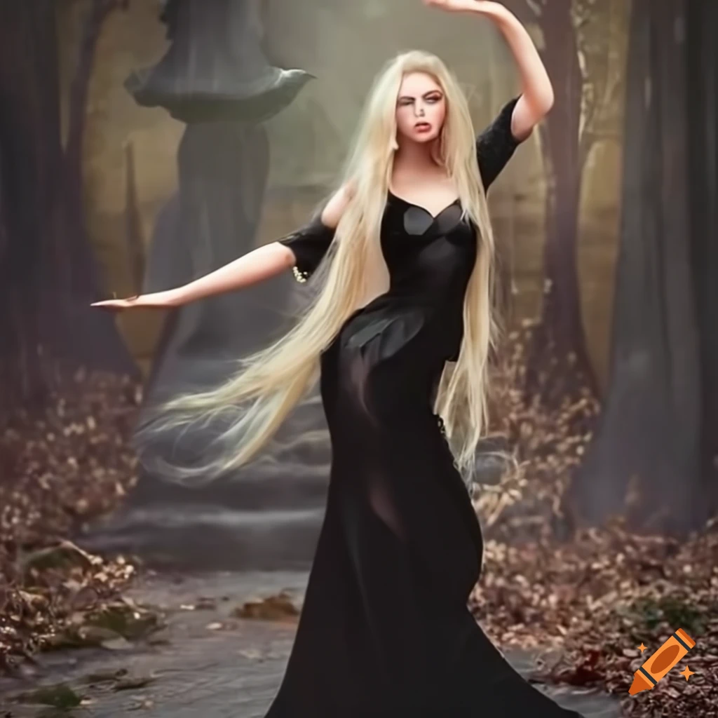 Beautiful blonde-haired witch in black dress on Craiyon