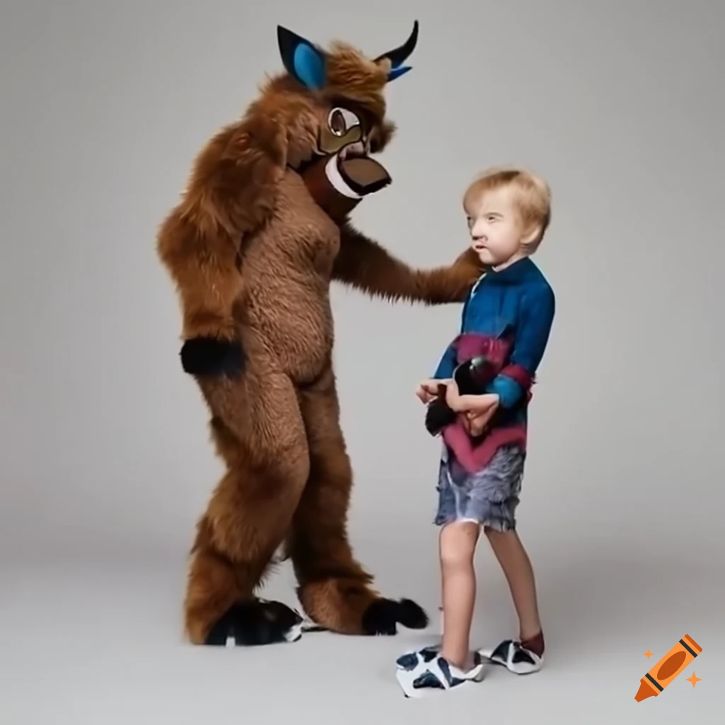 Child in a big brown boar fursuit with horns alongside mother on Craiyon