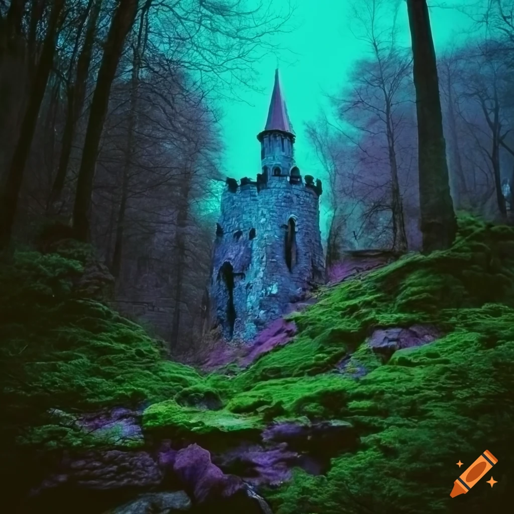 Magical wizard's castle at the foot of a mountain range with enchanted ...