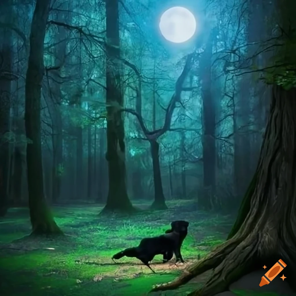 Black Labrador in enchanted forest under moonlight on Craiyon