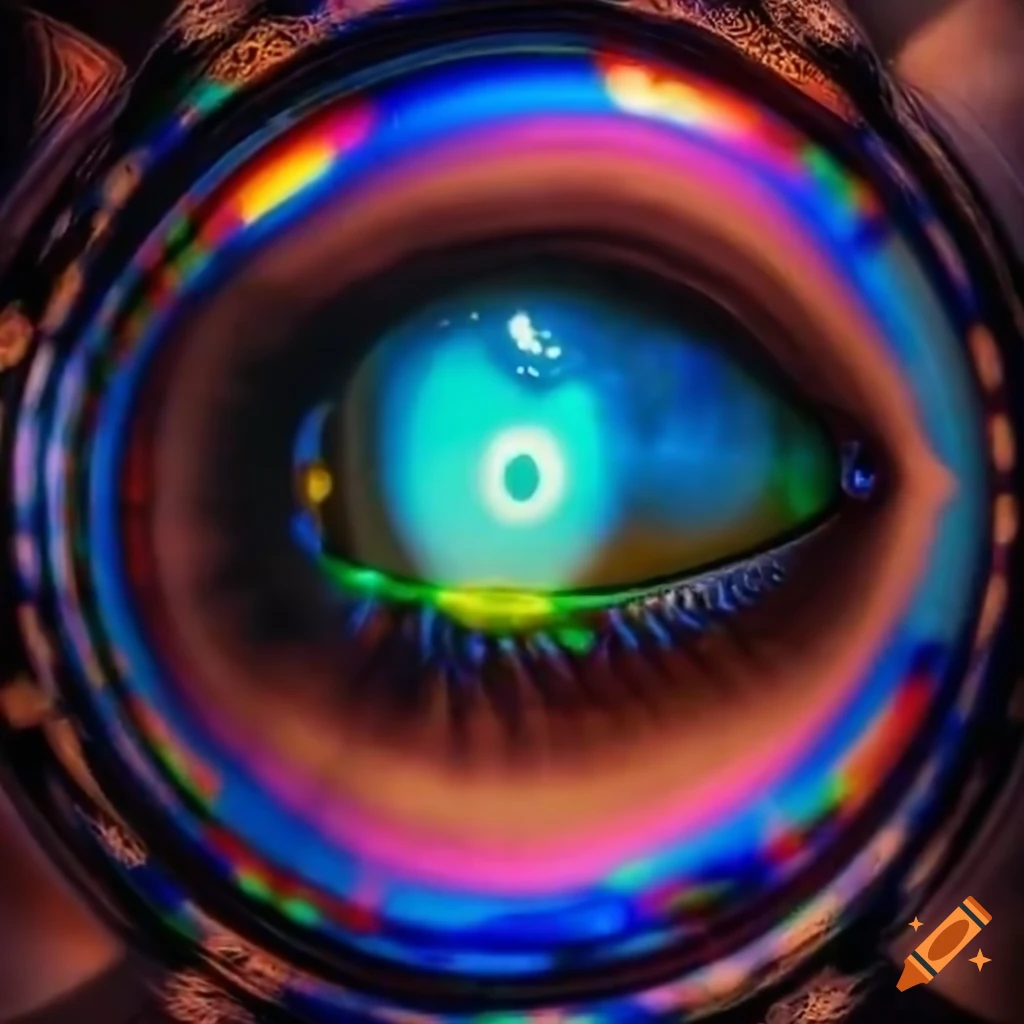 Blurred boy's face in fish-eye lens with trippy lights on Craiyon