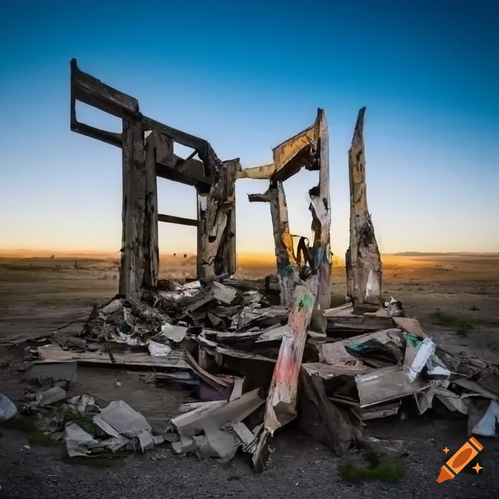 Destroyed altar in a post-apocalyptic junk garbage landscape on Craiyon