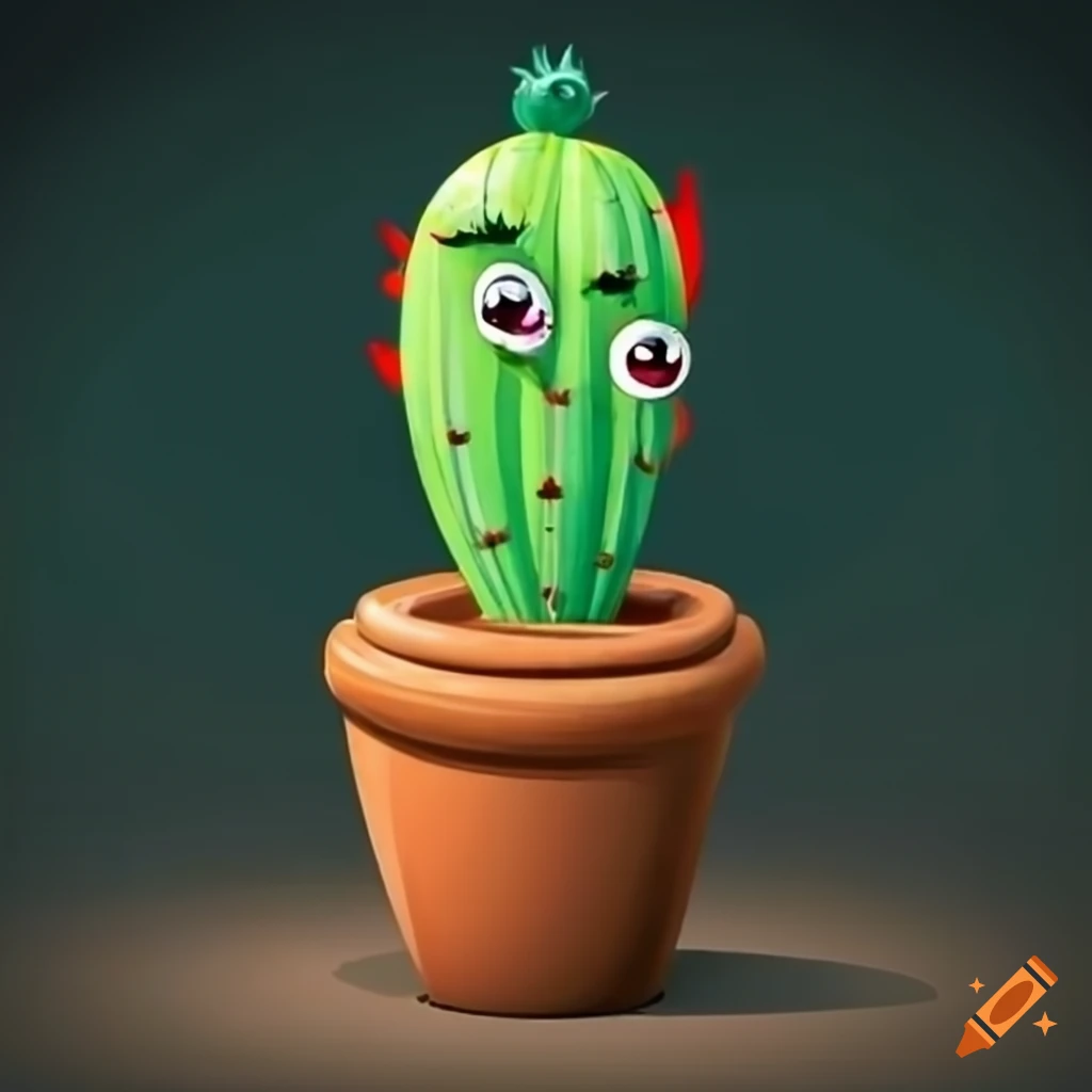 Funny cartoon cacti with exaggerated expressions and angry faces on Craiyon