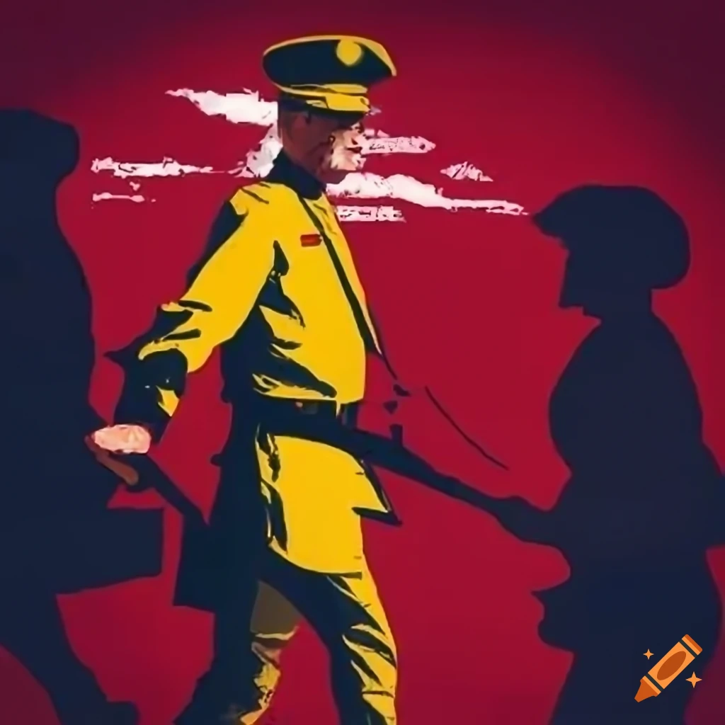 Propaganda poster with marching army in purple and yellow uniforms and ...