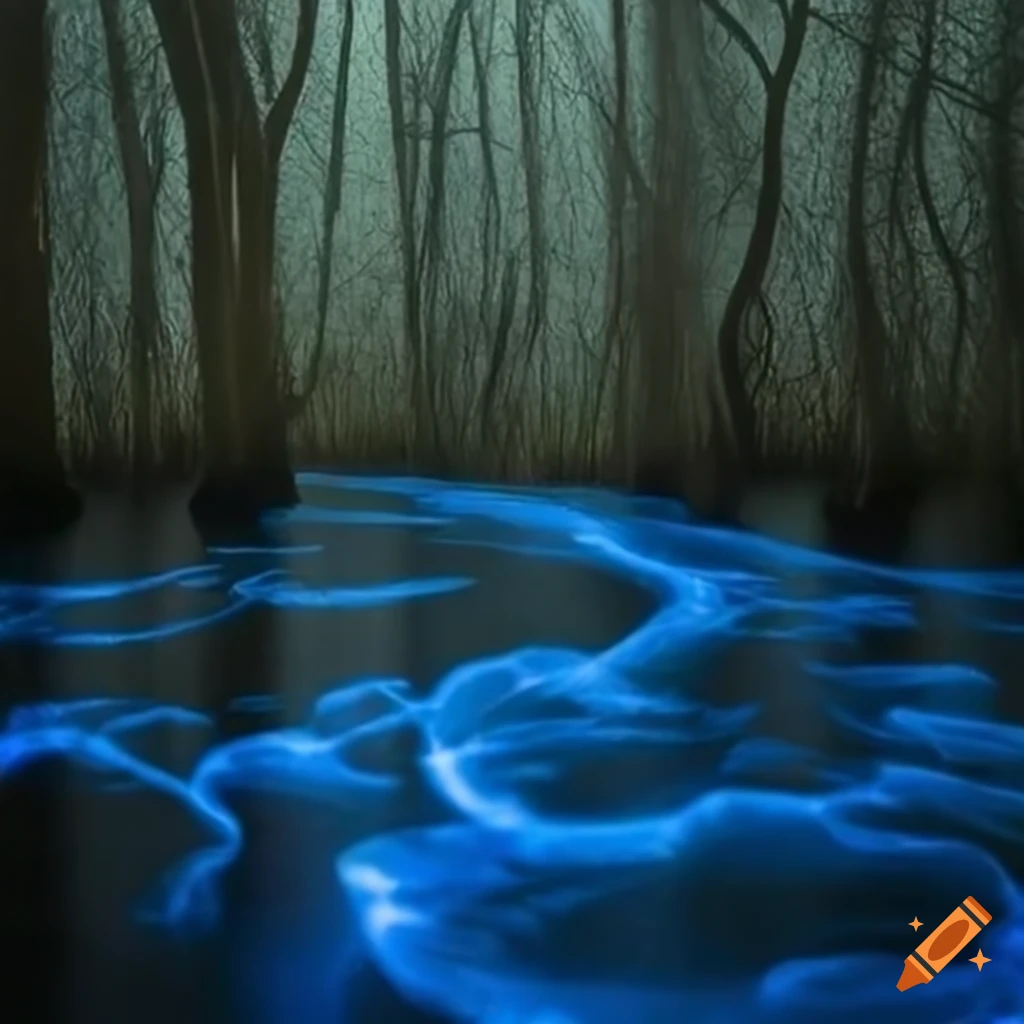 Mysterious swamp with glowing bioluminescent plants on Craiyon
