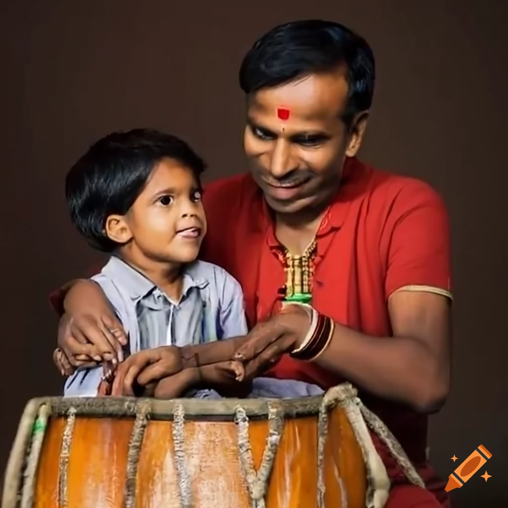Indian father teaching son to drum in a traditional moment on Craiyon