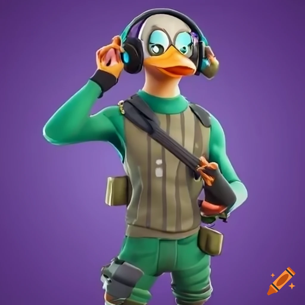 Cartoon duck gaming with a headset in a fortnite battle on Craiyon