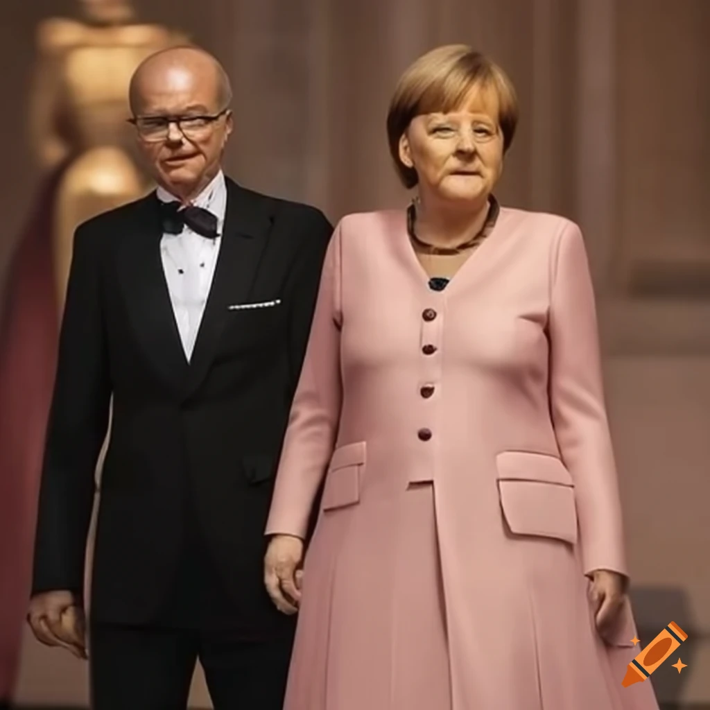 Angela merkel wearing an elegant sparkling pink wedding dress on Craiyon