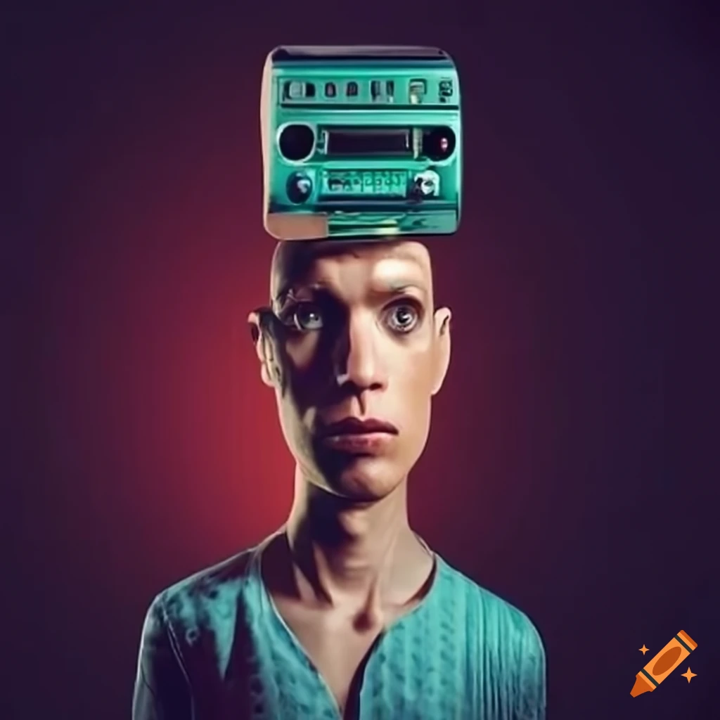 Man with a radio set head from the 60s on Craiyon