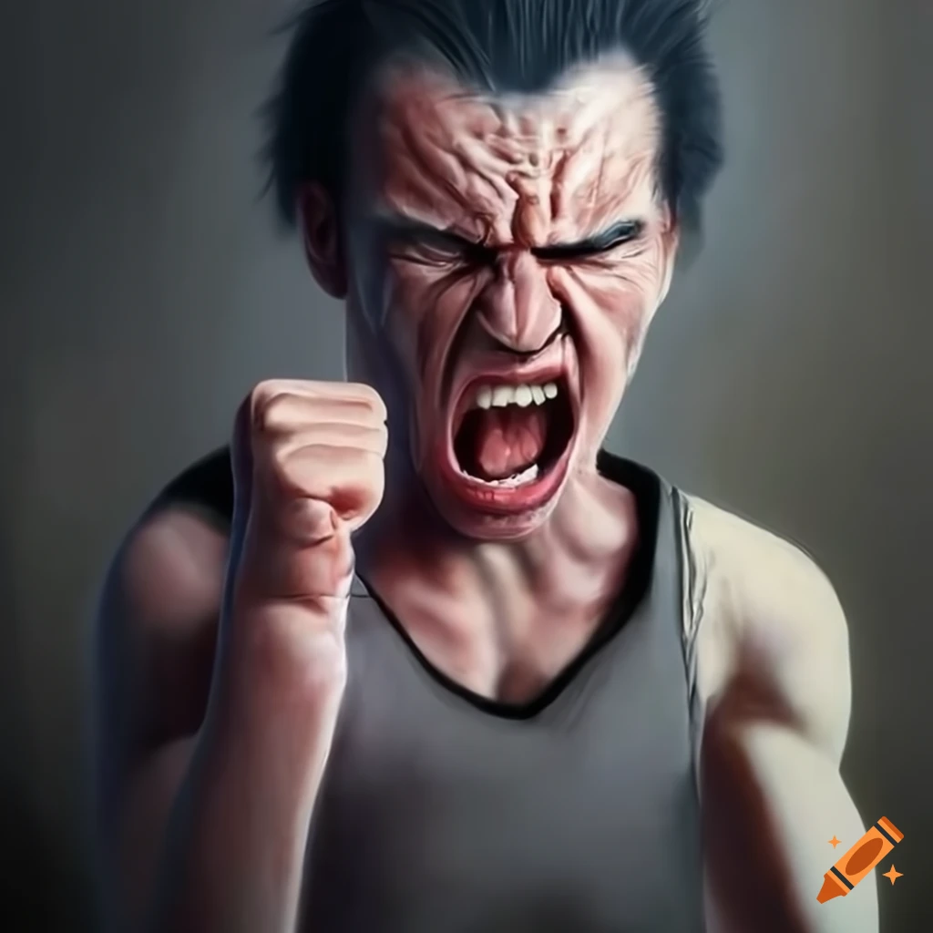 Angry person raising fist in hyperrealistic portrait on Craiyon