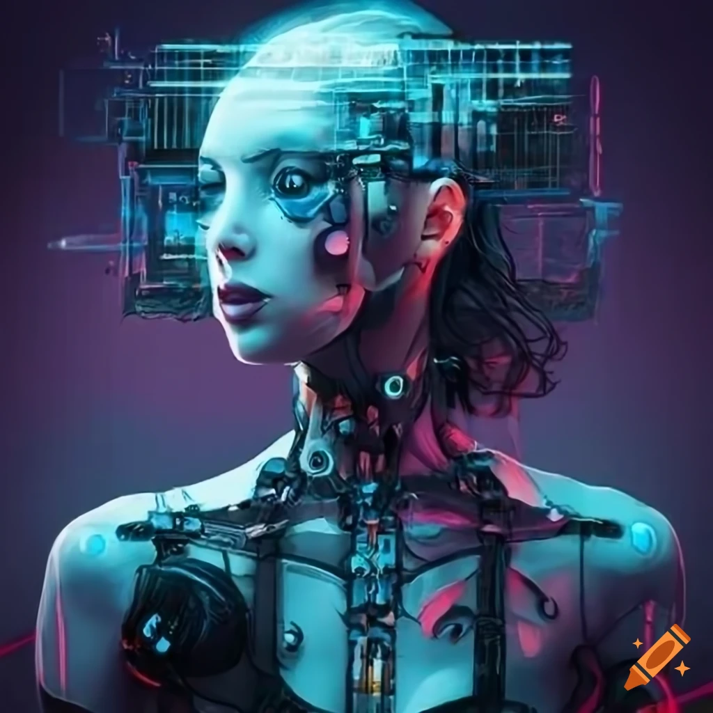 Cyborg goddess with human and cybernetic features in a dark cyberpunk ...