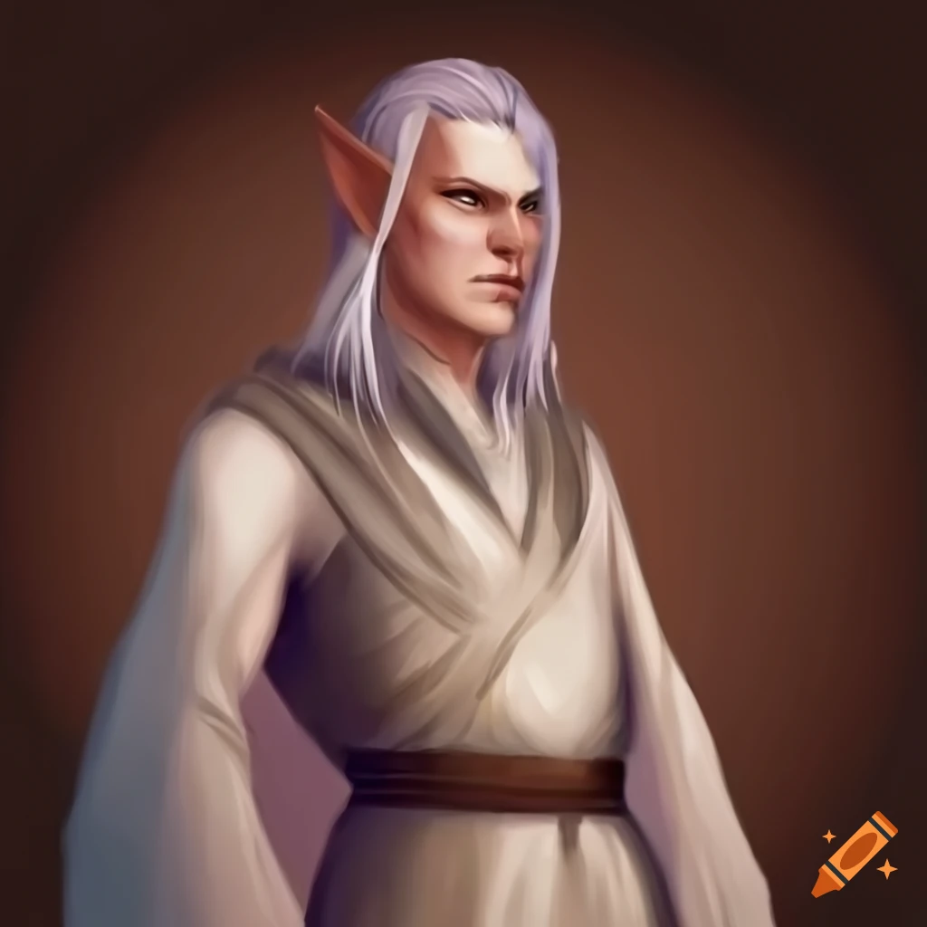 Smug male high elf vineyard owner in flowing light-colored robes on Craiyon