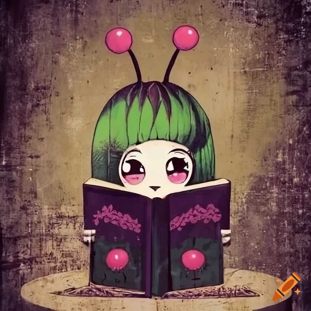 Cute goth insect reading a book on a grunge background on Craiyon