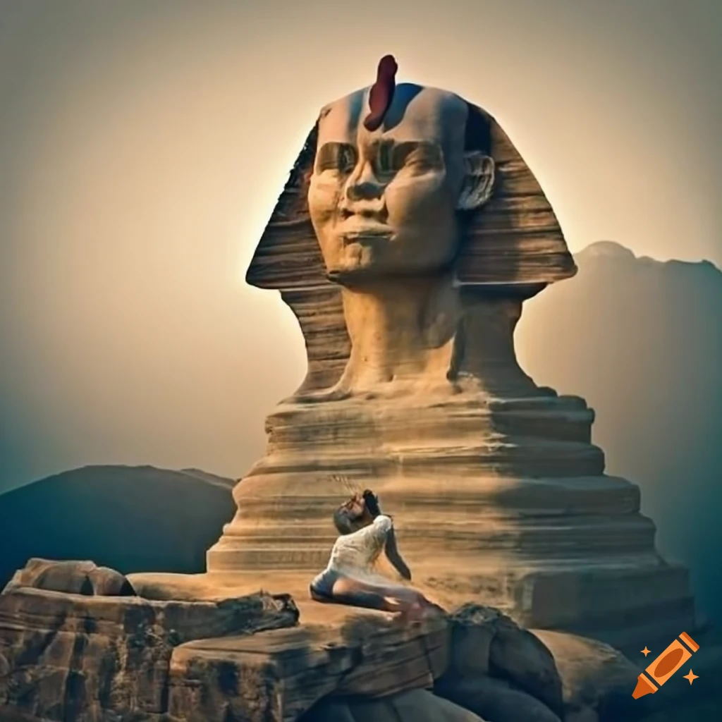 Man posing in front of the Sphinx on a cliff in Greece on Craiyon
