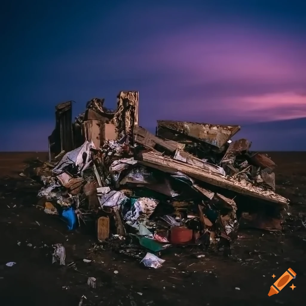 Destroyed altar in a post-apocalyptic junk landscape under soft color ...